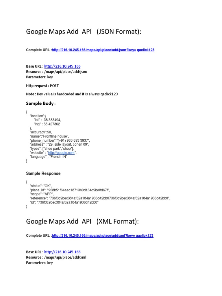 Google Maps Add API (JSON Format) :: Sample Body | PDF | Json | Hypertext Transfer Protocol