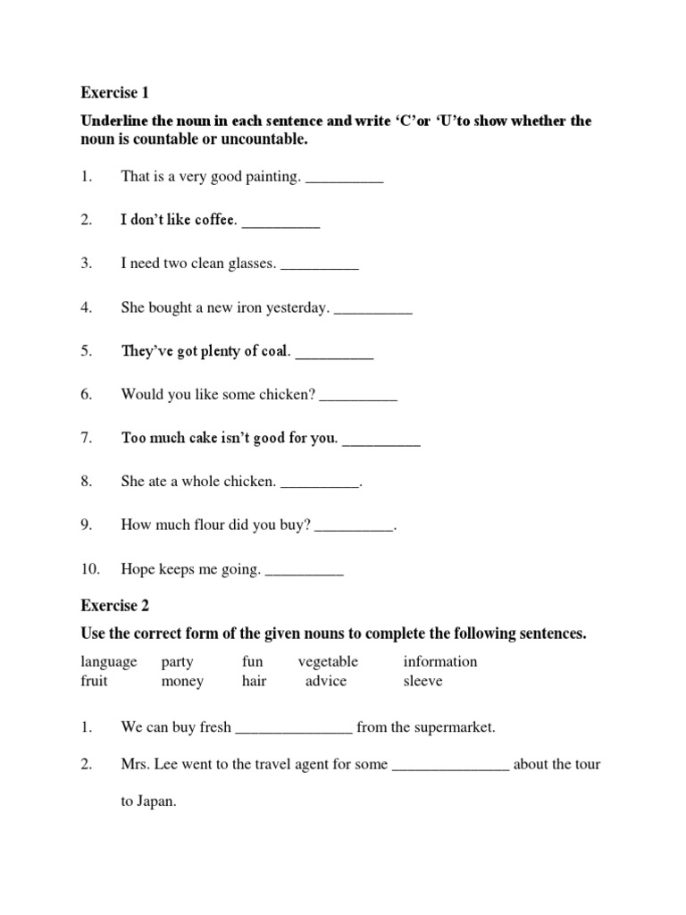 Countable and Uncountable Nouns Exercises | PDF | Language Arts ...