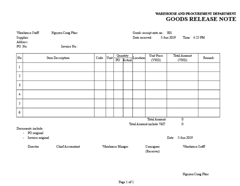 Goods Release Note: Warehouse and Procurement Department | PDF