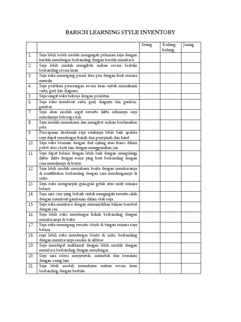 Barsch Learning Style Inventory | PDF