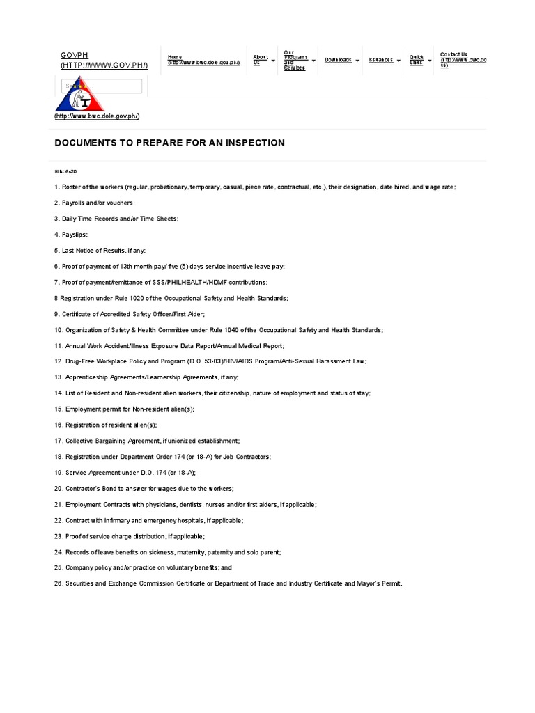 Documents To Prepare For An Inspection of DOLE | PDF | Unemployment ...
