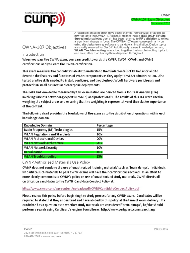 CWNA-107 Exam Objectives Overview | PDF | Ieee 802.11 | Wireless Lan
