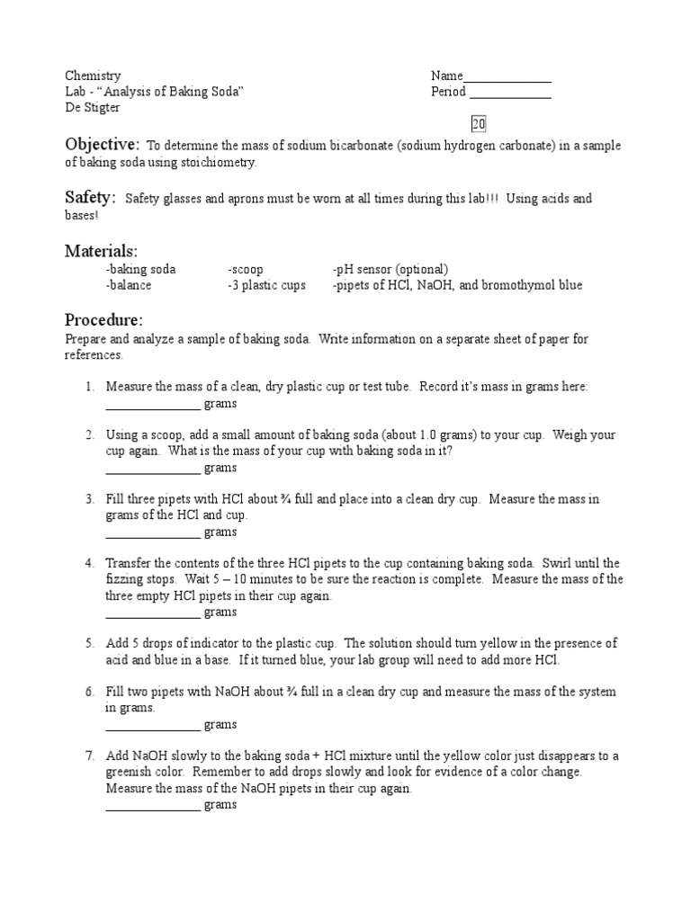 Chemistry Lab - Baking Soda Analysis | PDF | Sodium Hydroxide | Sodium ...