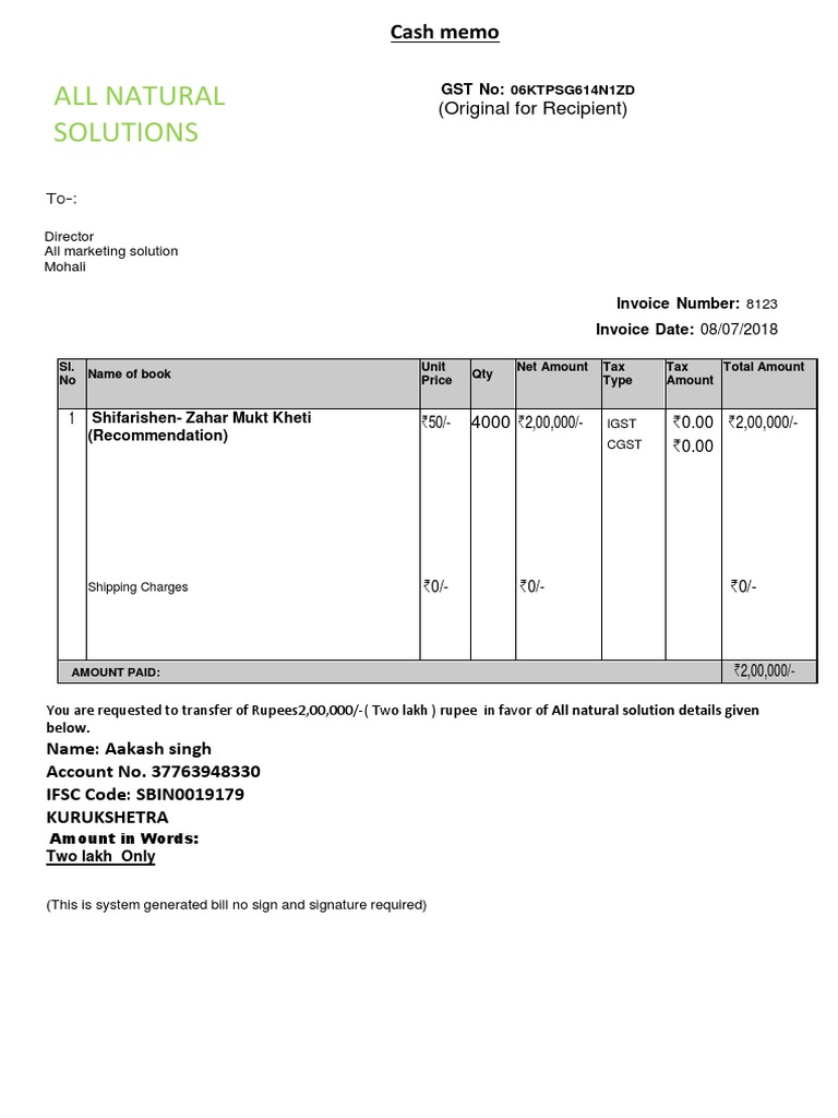 All Natural Solutions: Cash Memo | PDF
