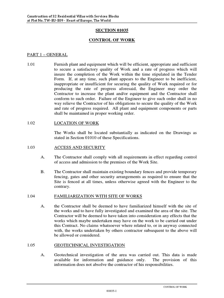 01035-Control of Work | PDF | General Contractor | Road