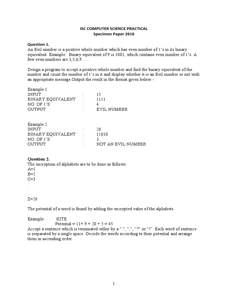 Isc Computer Science Practical Specimen Paper 2016 | PDF | Matrix ...