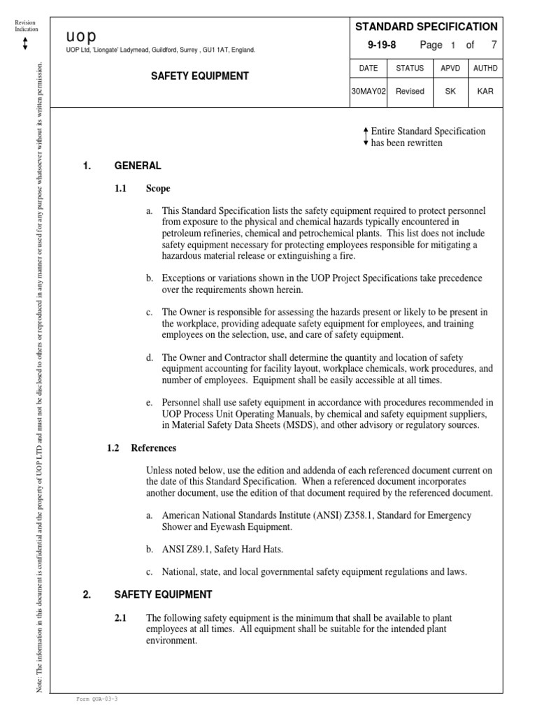 UOP Ltd Safety Equipment Standards | PDF | Personal Protective ...