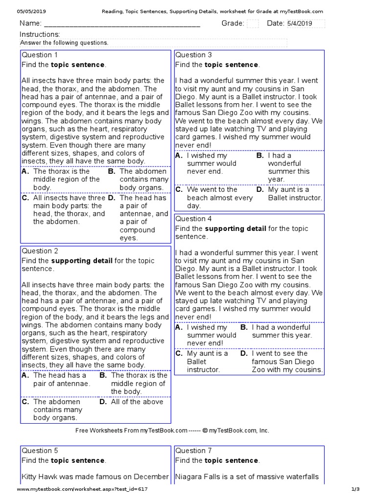 Reading, Topic Sentences, Supporting Details, Worksheet For Grade | PDF ...