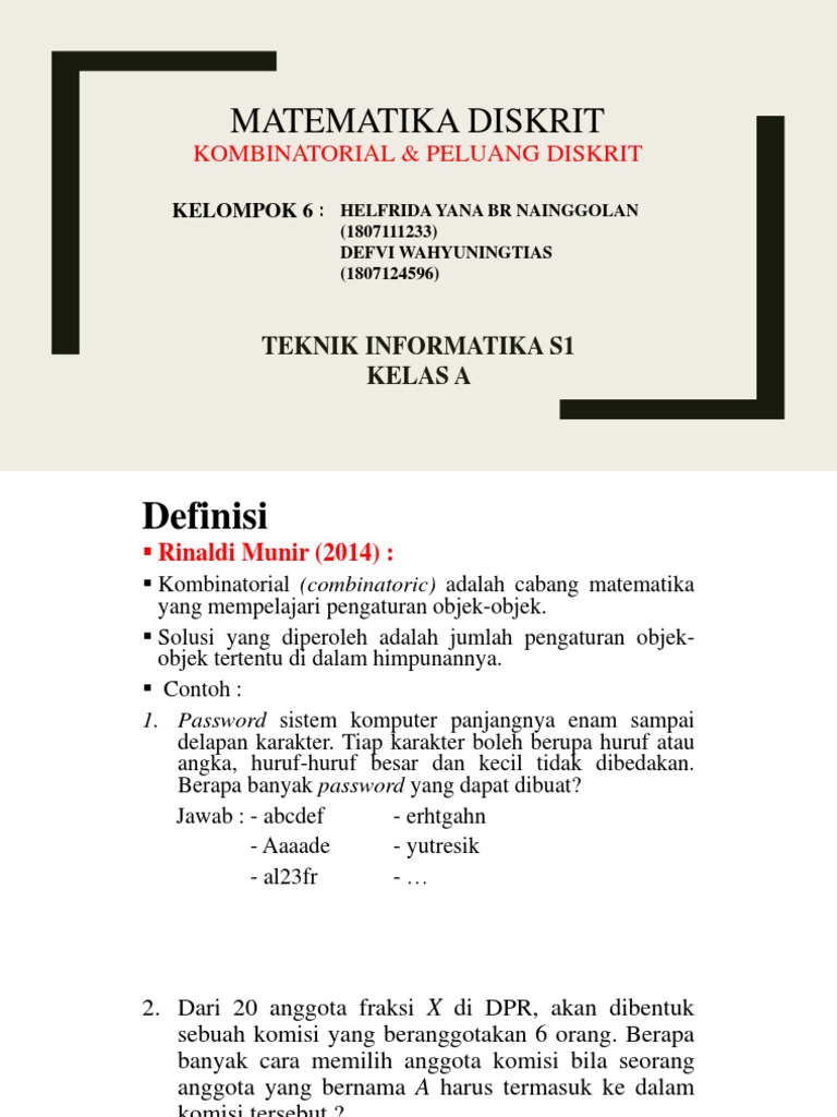 Kelompok 6 - Kombinatorial&Peluang Diskrit | PDF