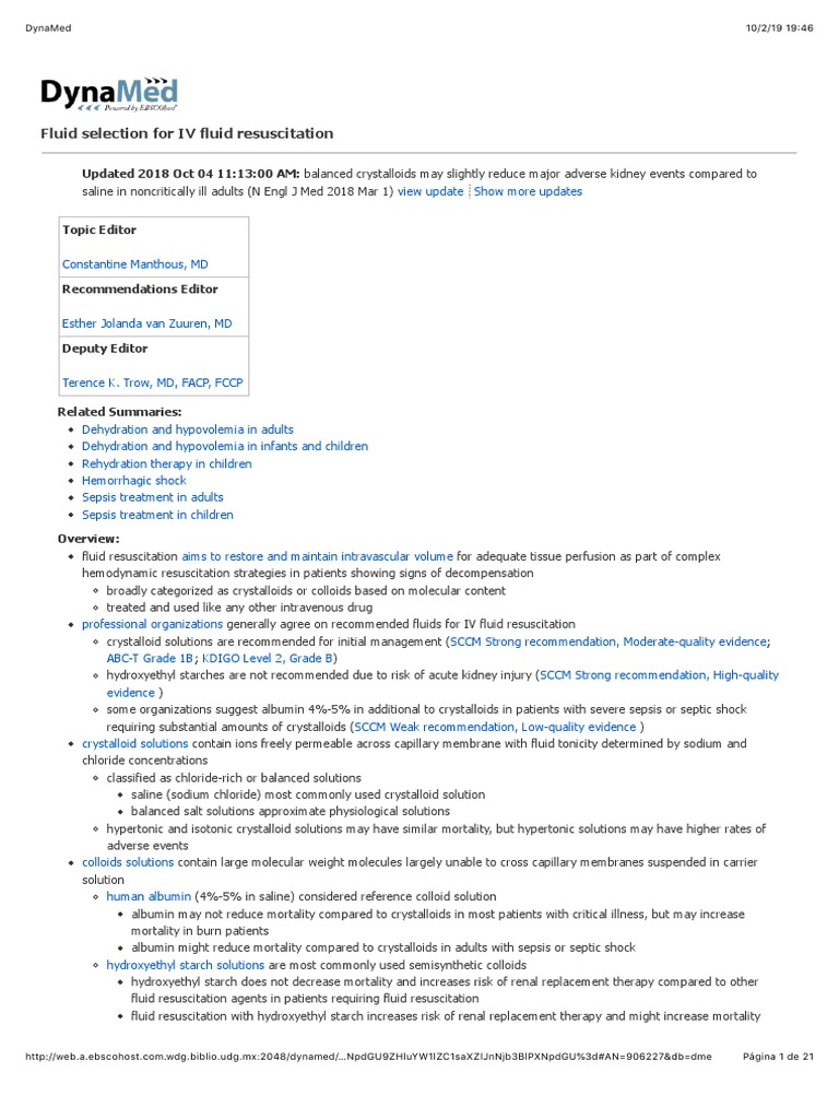 Fkuid Selection Dynamed | Download Free PDF | Sepsis | Saline (Medicine)