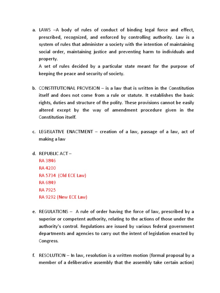 RA 3846 RA 4200 RA 5734 (Old ECE Law) RA 6849 RA 7925 RA 9292 (New ECE ...