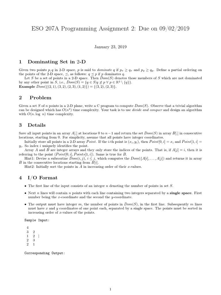 ESO 207A Programming Assignment 2: Due On 09/02/2019: 1 Dominating Set in 2-D | PDF | Time ...