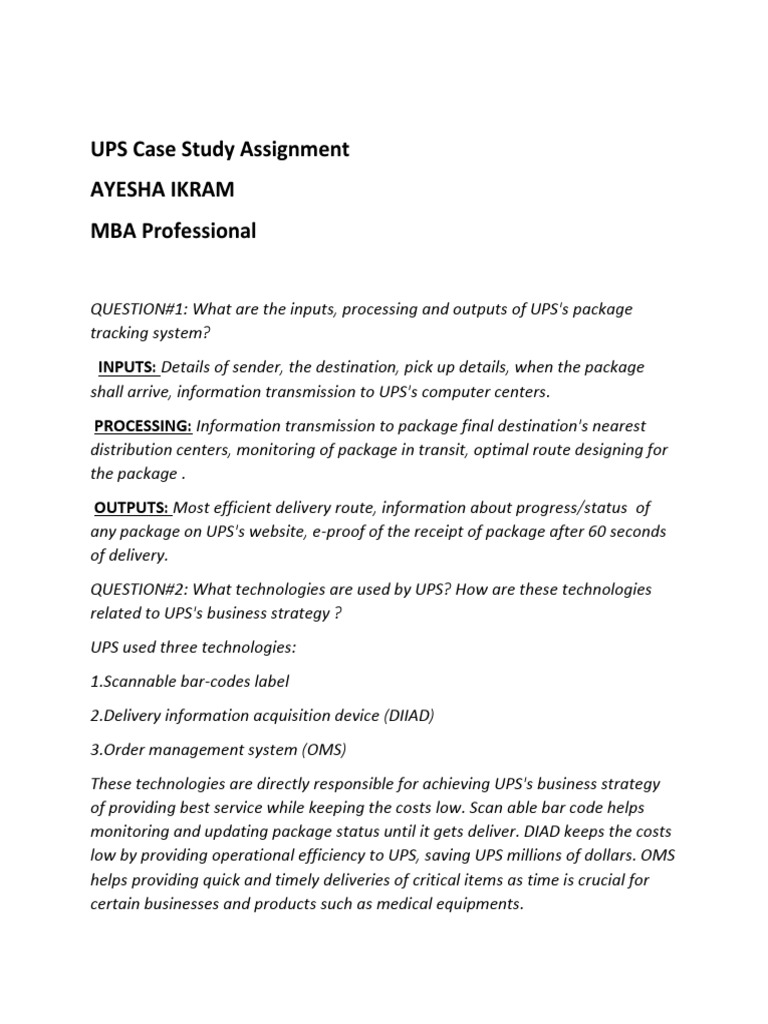 UPS Case Study Assignment Ayesha Ikram MBA Professional | PDF | United ...