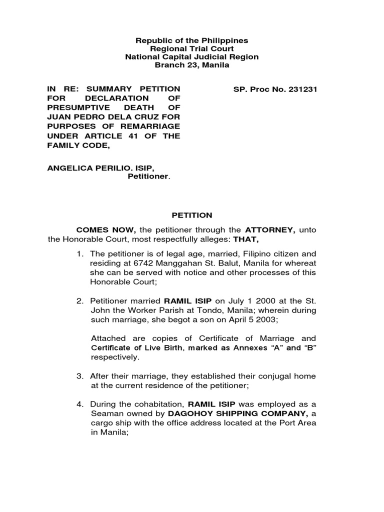 Petition for Presumptive Death Declaration | PDF | Marriage ...