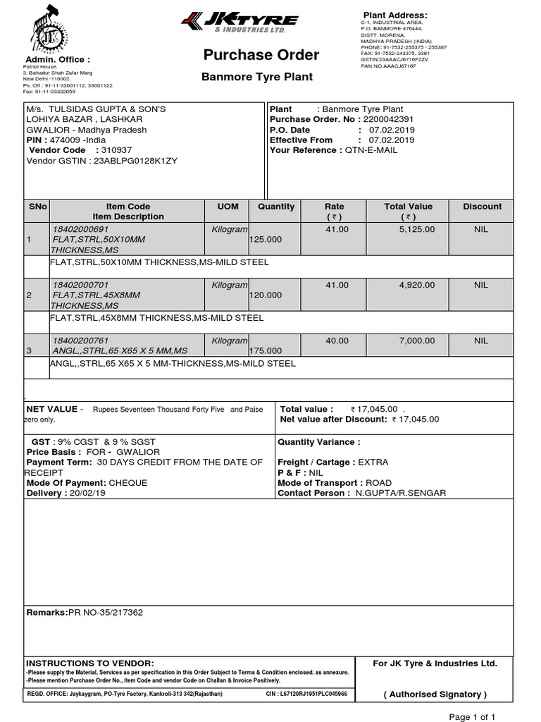 Purchase Order: Banmore Tyre Plant | PDF | Services (Economics) | Business