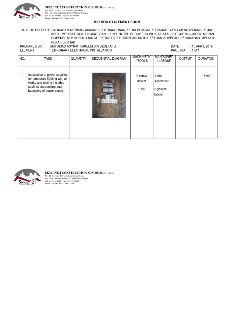 Temporary Electrical Installation Method Statement Form | PDF