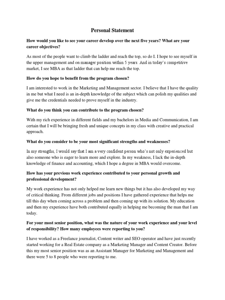 Personal Statement | PDF | Experience | Master Of Business Administration