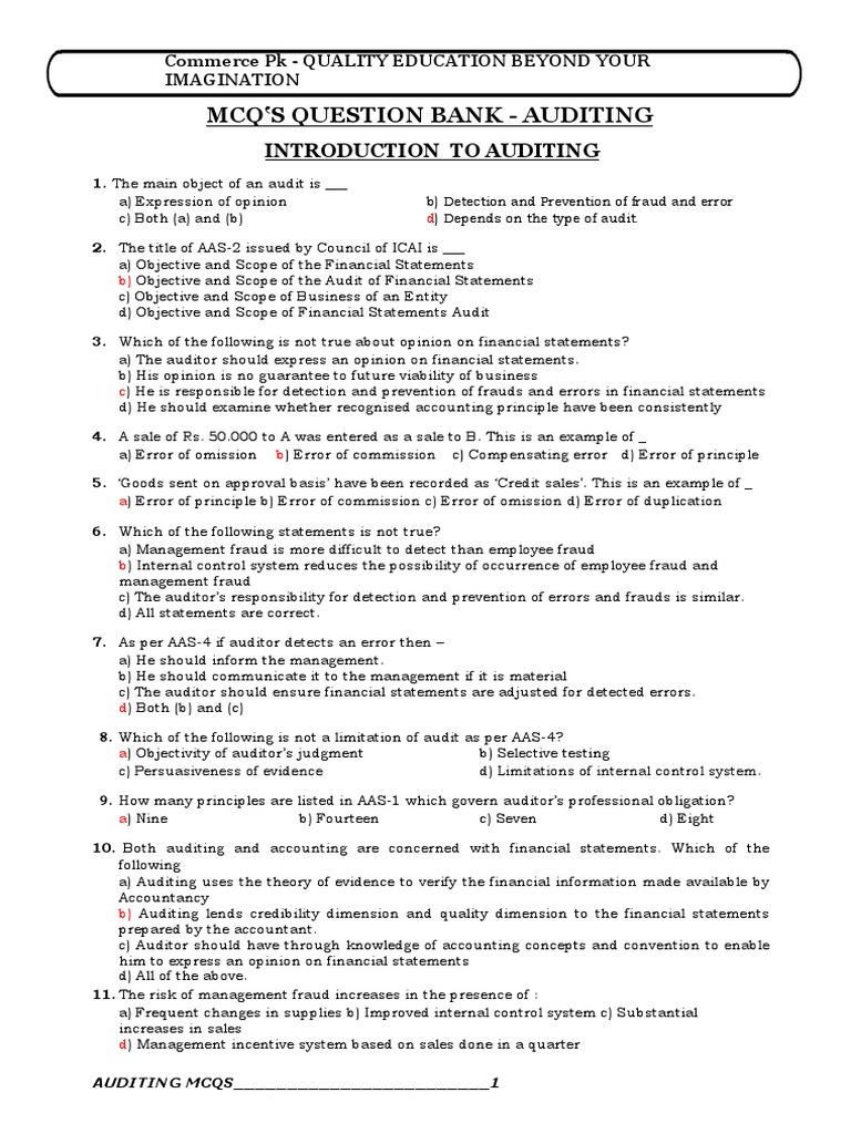 MCQ S Question Bank - Auditing | PDF | Auditor's Report | Audit