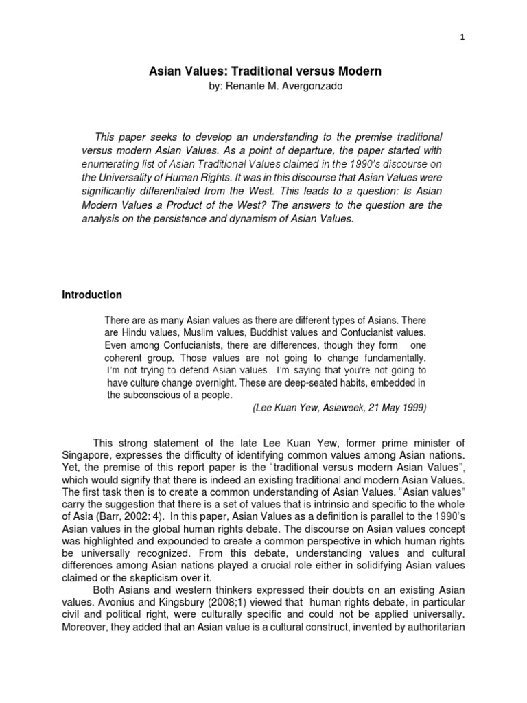 Asian Values Paper For Scrib | PDF | Value (Ethics) | Modernization Theory