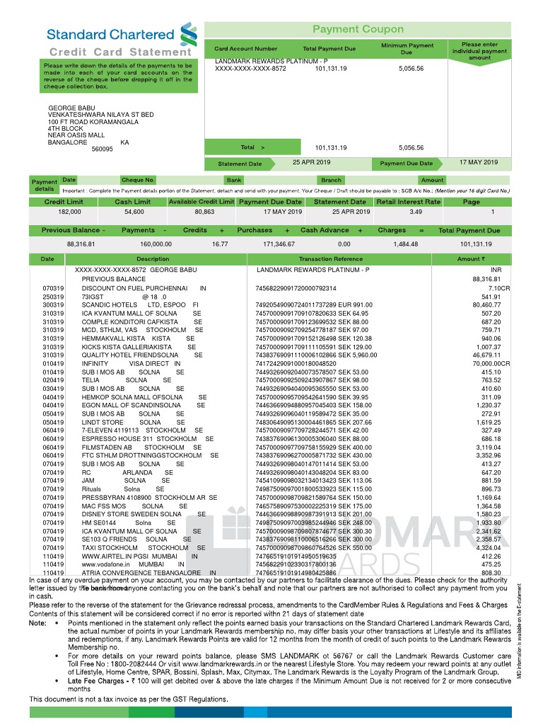 Standard Statement | PDF | Credit Card | Payments