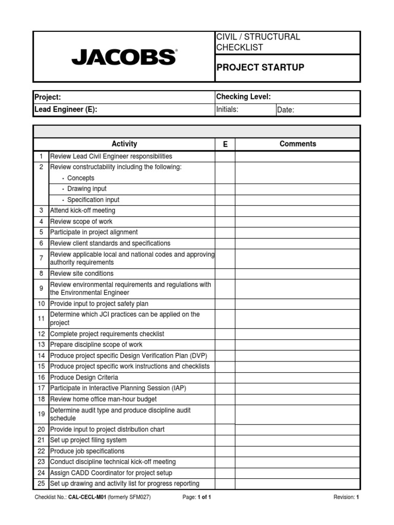CAL-CECL-M01 Project Startup Checklist PDF | PDF | Technology & Engineering