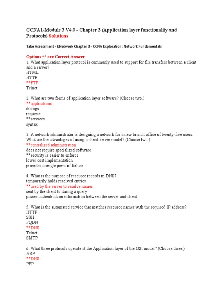 Solutions Ccna1 Module 3 V40 Chapter 3 Application Layer Functionality And Protocols Pdf