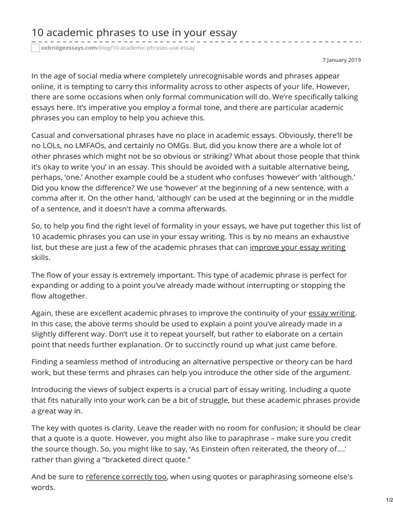 10 Academic Phrases To Use in Your Essay | PDF | Essays | Phrase