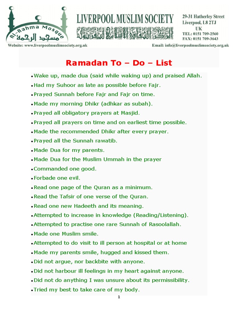 Ramadan To Do List | PDF | Ramadan | Theocracy