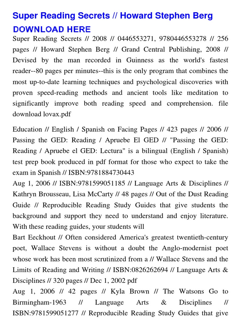 Super Reading Secrets // Howard Stephen Berg | PDF | Speed Reading ...