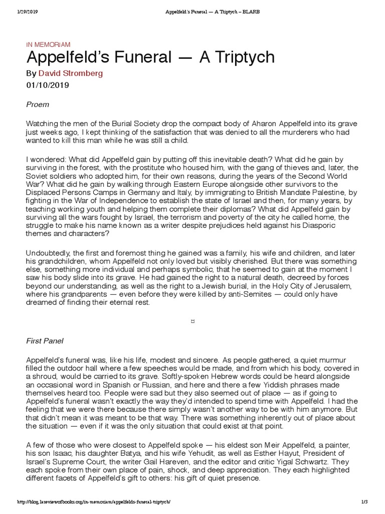 Stromberg - Appelfeld's Funeral - A Triptych - BLARB | PDF | Funeral | Cemetery