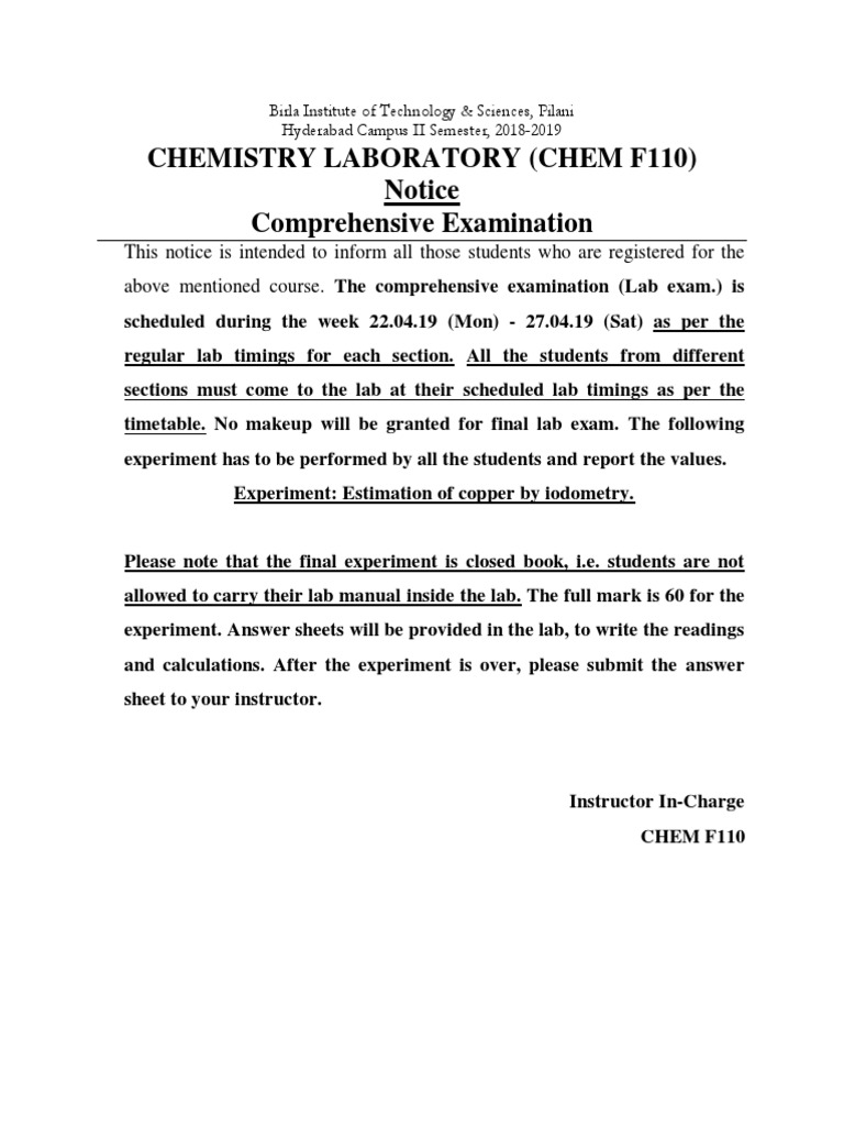 Chemistry Laboratory (Chem F110) Notice Comprehensive Examination | PDF ...