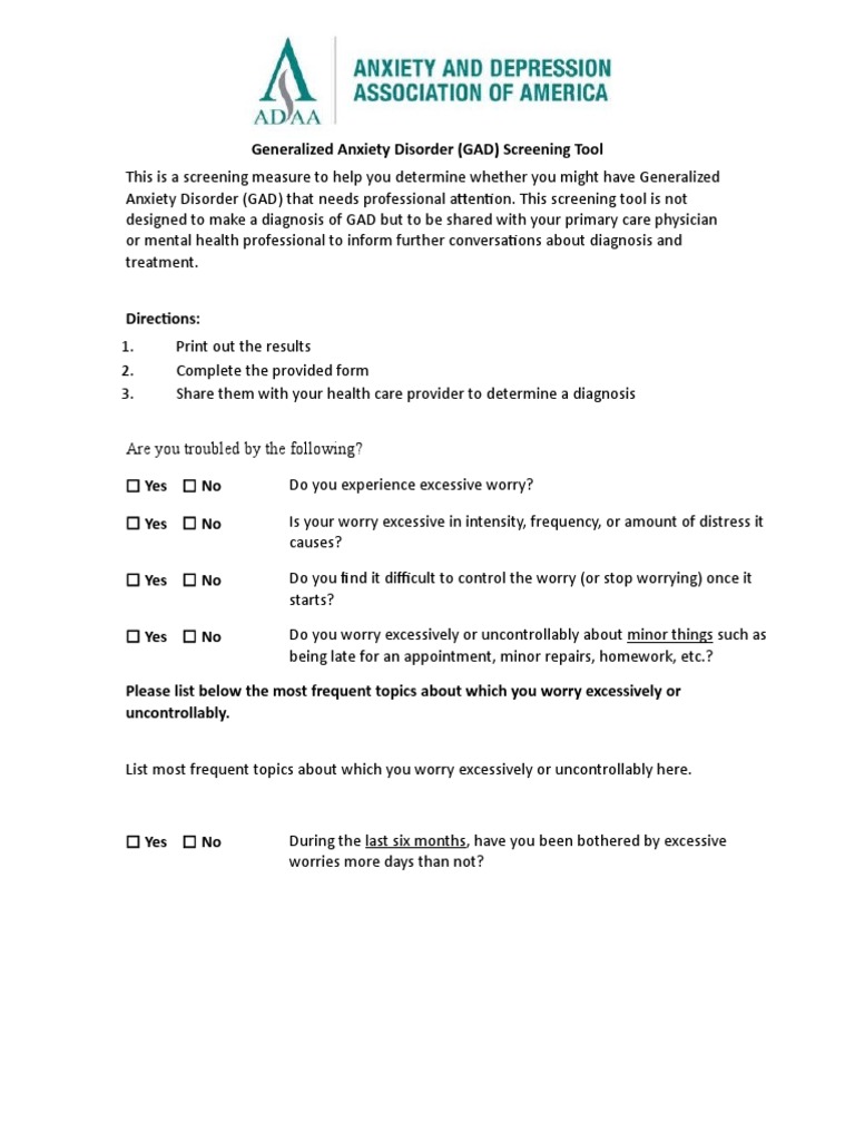 Generalized Anxiety Disorder (GAD) Screening Tool | PDF | Generalized ...