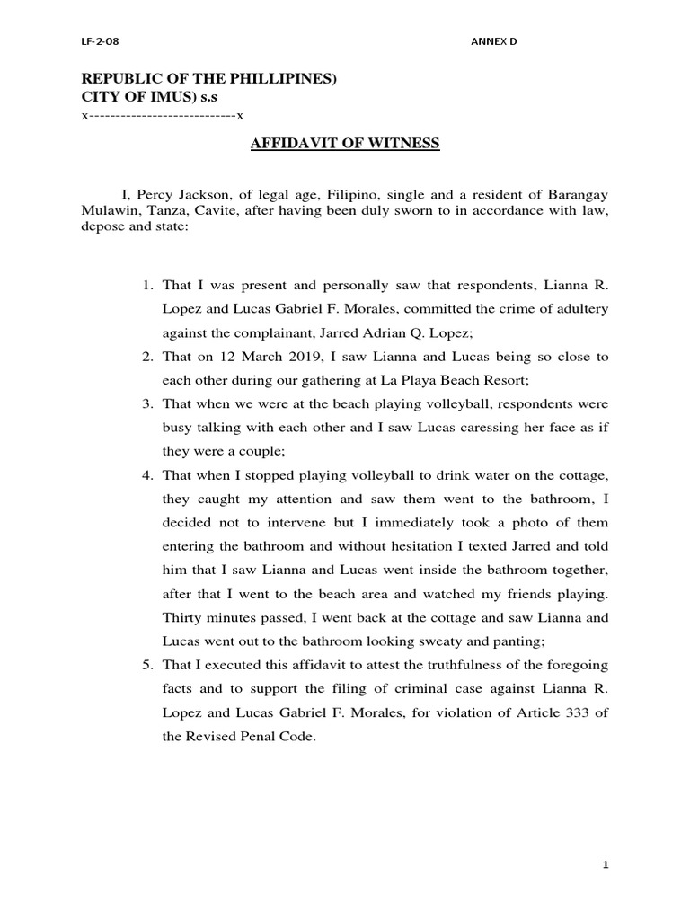 Witness Affidavit Sample Philippines | PDF | Affidavit | Virtue