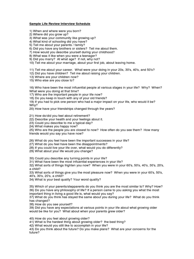 Sample Life Review Interview Schedule | PDF | Psychology | Behavioural ...