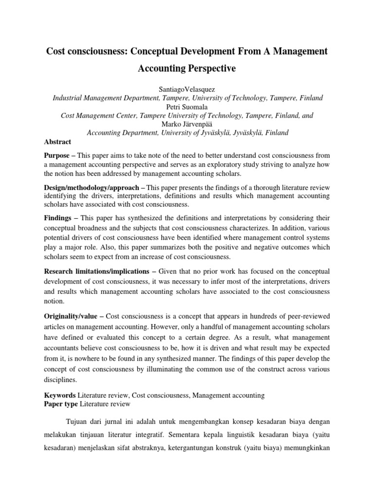 Cost Consciousness: Conceptual Development From A Management Accounting ...