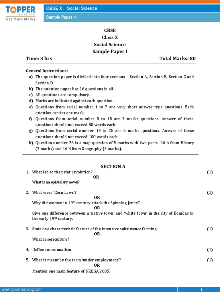 Cbse Class X Social Science Sample Paper I Time: 3 Hrs Total Marks: 80 ...
