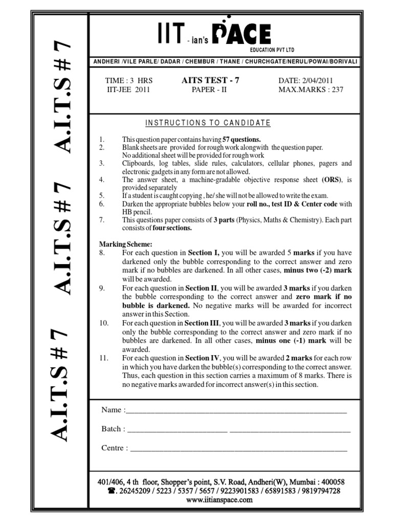 AITS 7 2010-11 Paper 2 | PDF | Emission Spectrum | Photoelectric Effect