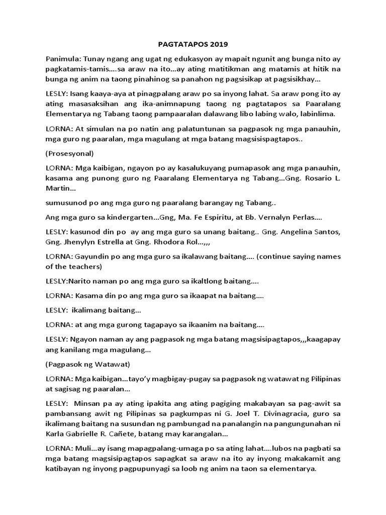 Emcee Script Graduation Day SY 2018-2019 | PDF