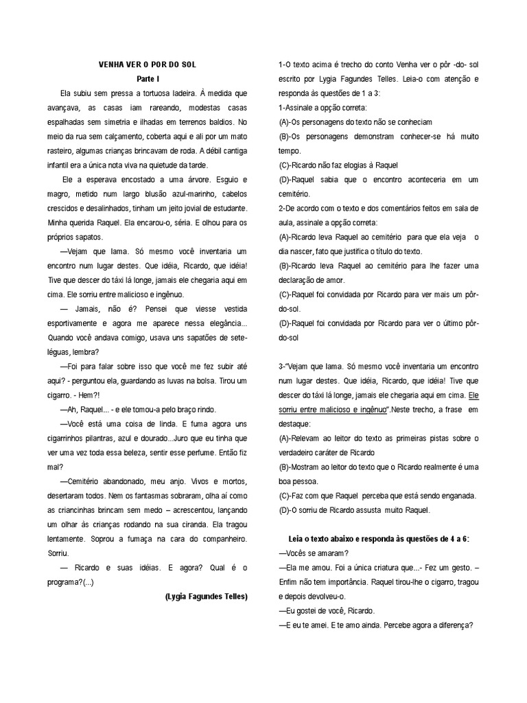 Atividade Sobre o Texto Venha Ver o Por o Sol | PDF | Natureza