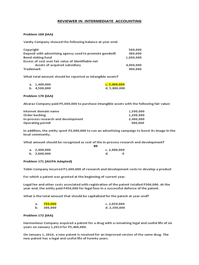 Reviewer in Intermediate Accounting: Problem 169 (IAA) | PDF | Goodwill ...