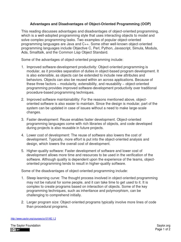 CS101 2.1.2 AdvantagesDisadvantagesOfOOP FINAL PDF | PDF | Object Oriented Programming | Modular ...