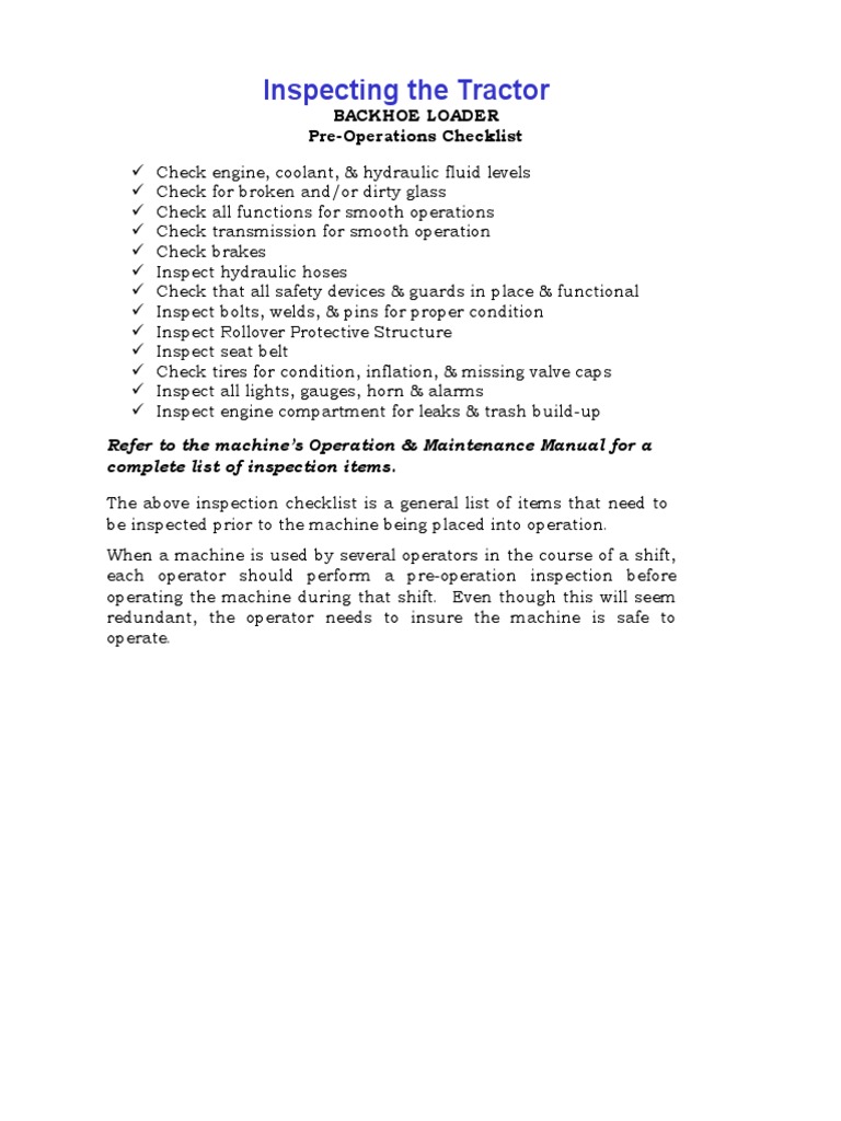 BACKHOE LOADER Pre-Operations Checklist | PDF | Tractor | Loader ...