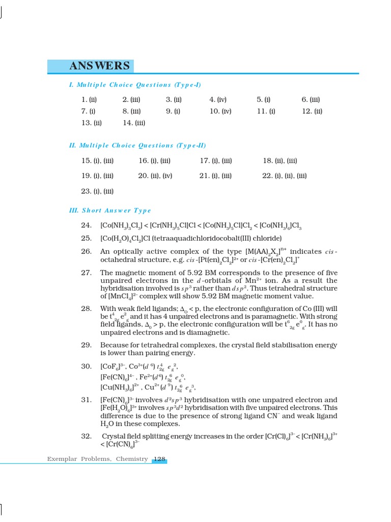 12 Chemistry Exemplar Chapter 9 Answer | PDF | Coordination Complex ...