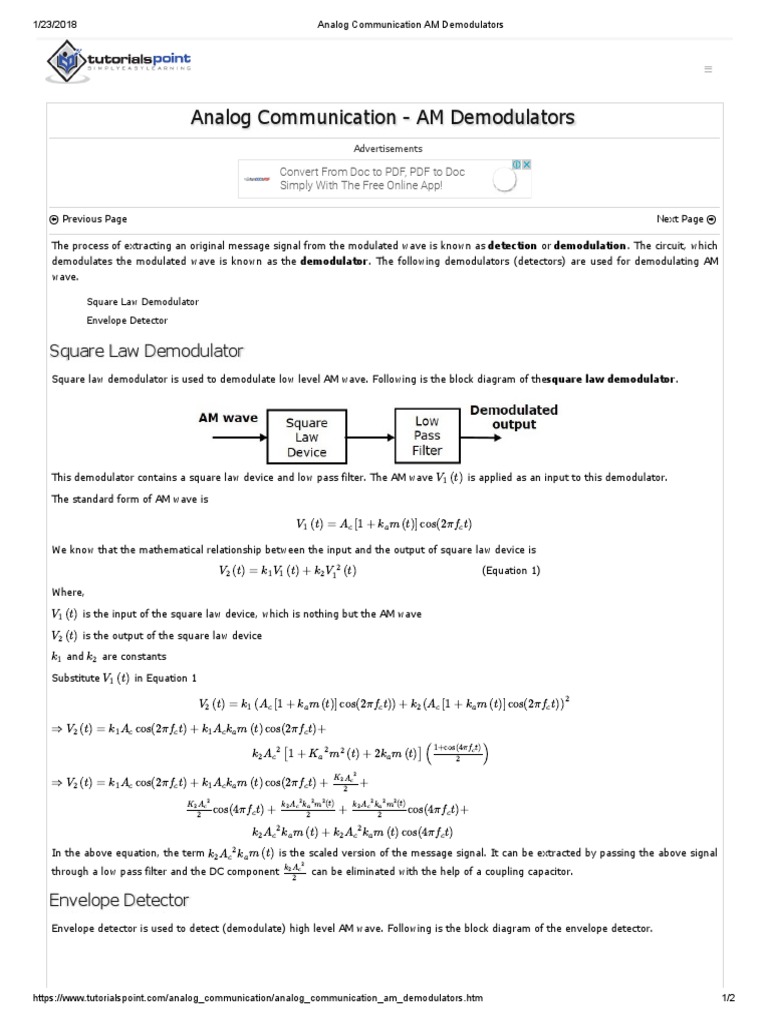 Analog Communication AM Demodulators | PDF | Detector (Radio ...