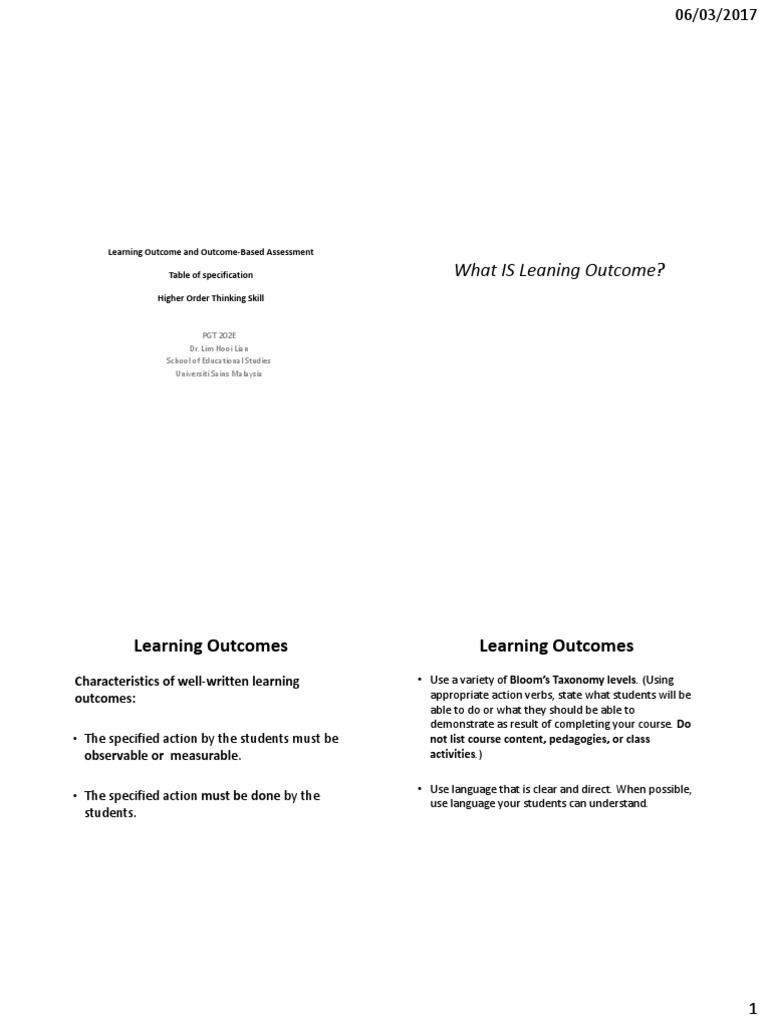 Learning Outcomes, Assessment Alignment & Tables of Specification | PDF ...