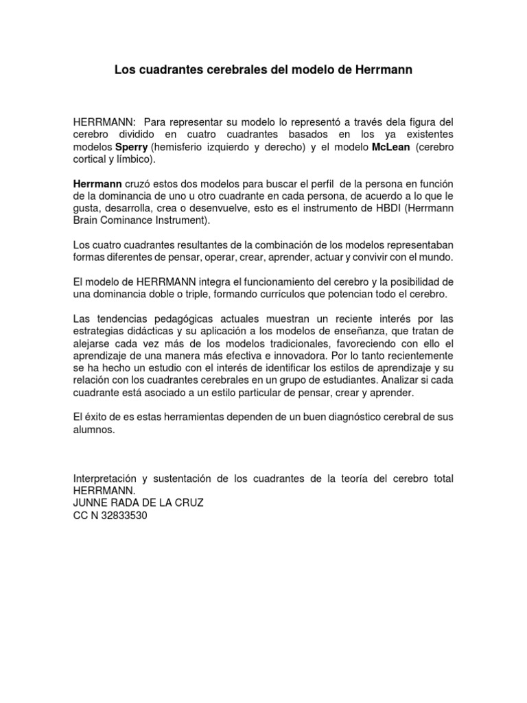 Los Cuadrantes Cerebrales Del Modelo de Herrmann - Junne Rada de La ...