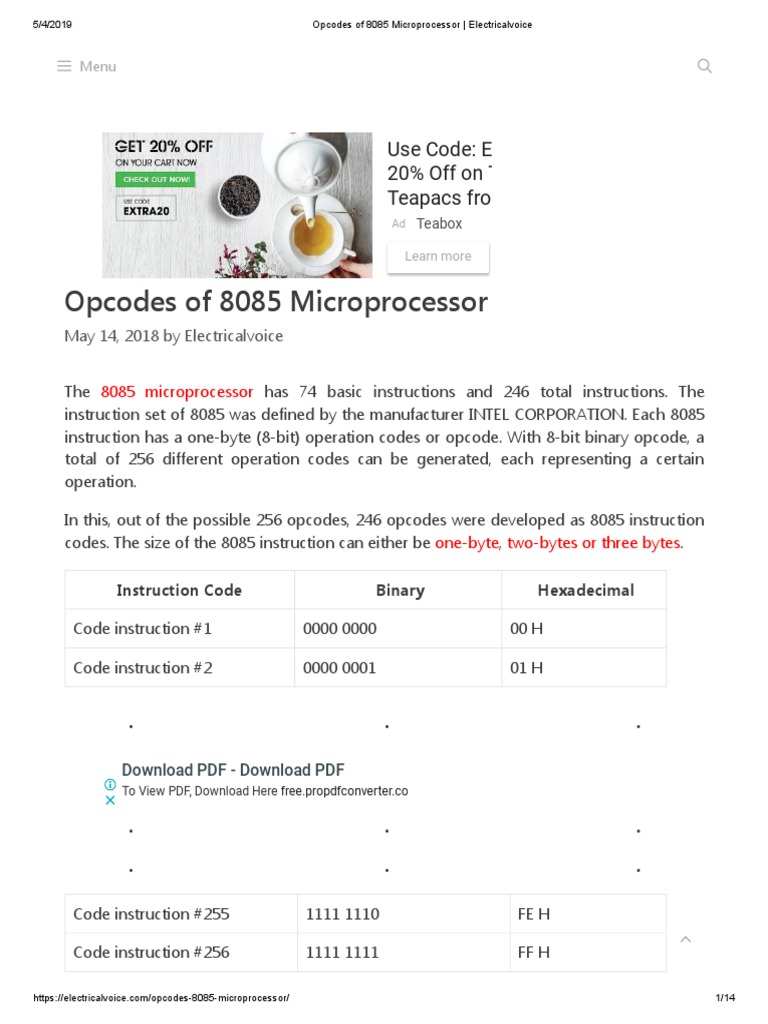 Opcodes of 8085 Microprocessor - Electricalvoice | PDF | Central ...