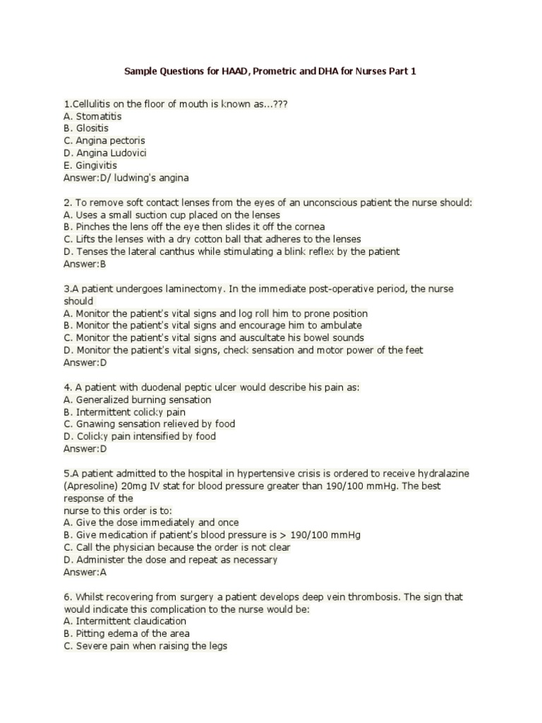 Sample Questions For HAAD, Prometric and DHA For Nurses Part 1 ...