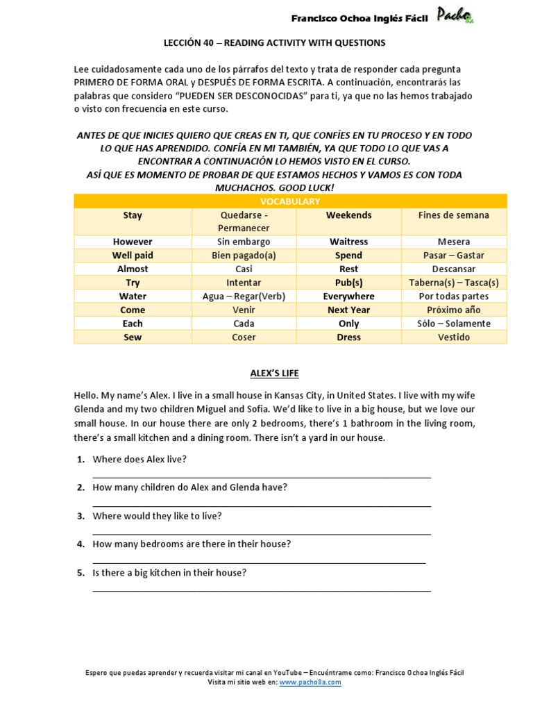 Lección 40 - Reading Activity With Questions | PDF | Language Arts ...