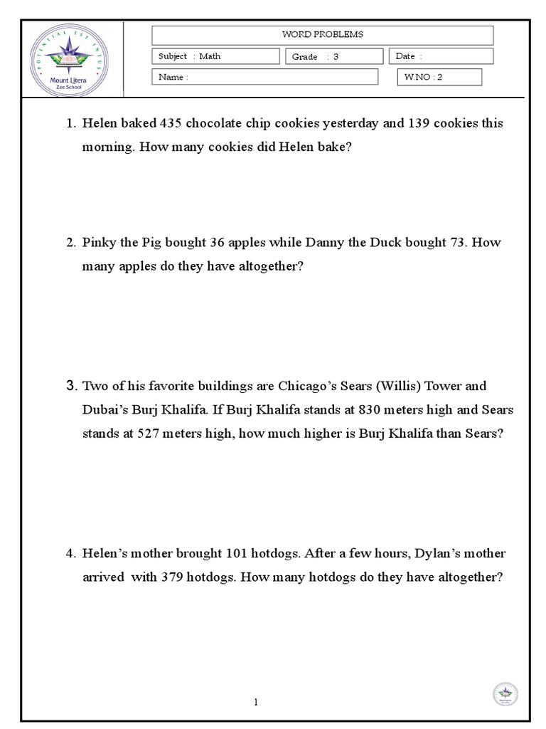 Grade 3 Math Word Problems | PDF